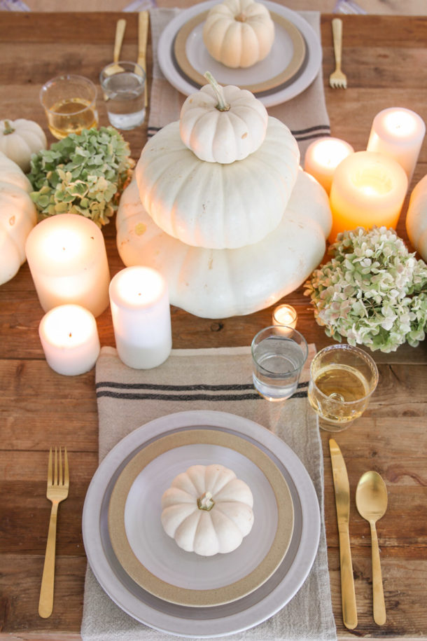 Simple Thanksgiving Table with White Pumpkins - Modern Glam
