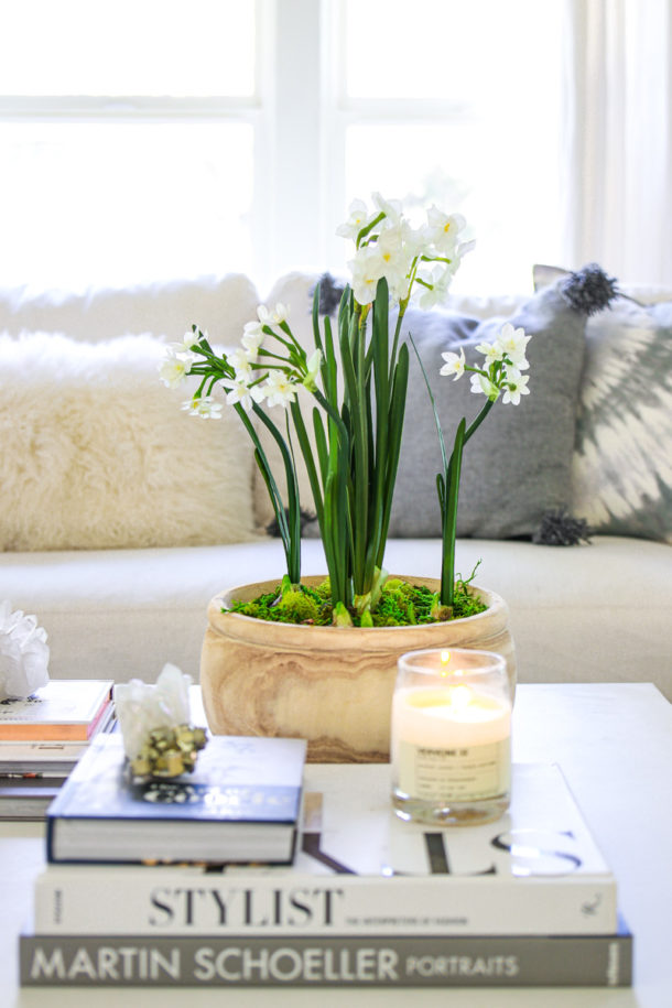 Spring Coffee Table Styling with a DIY Bulb Arrangement - Modern Glam
