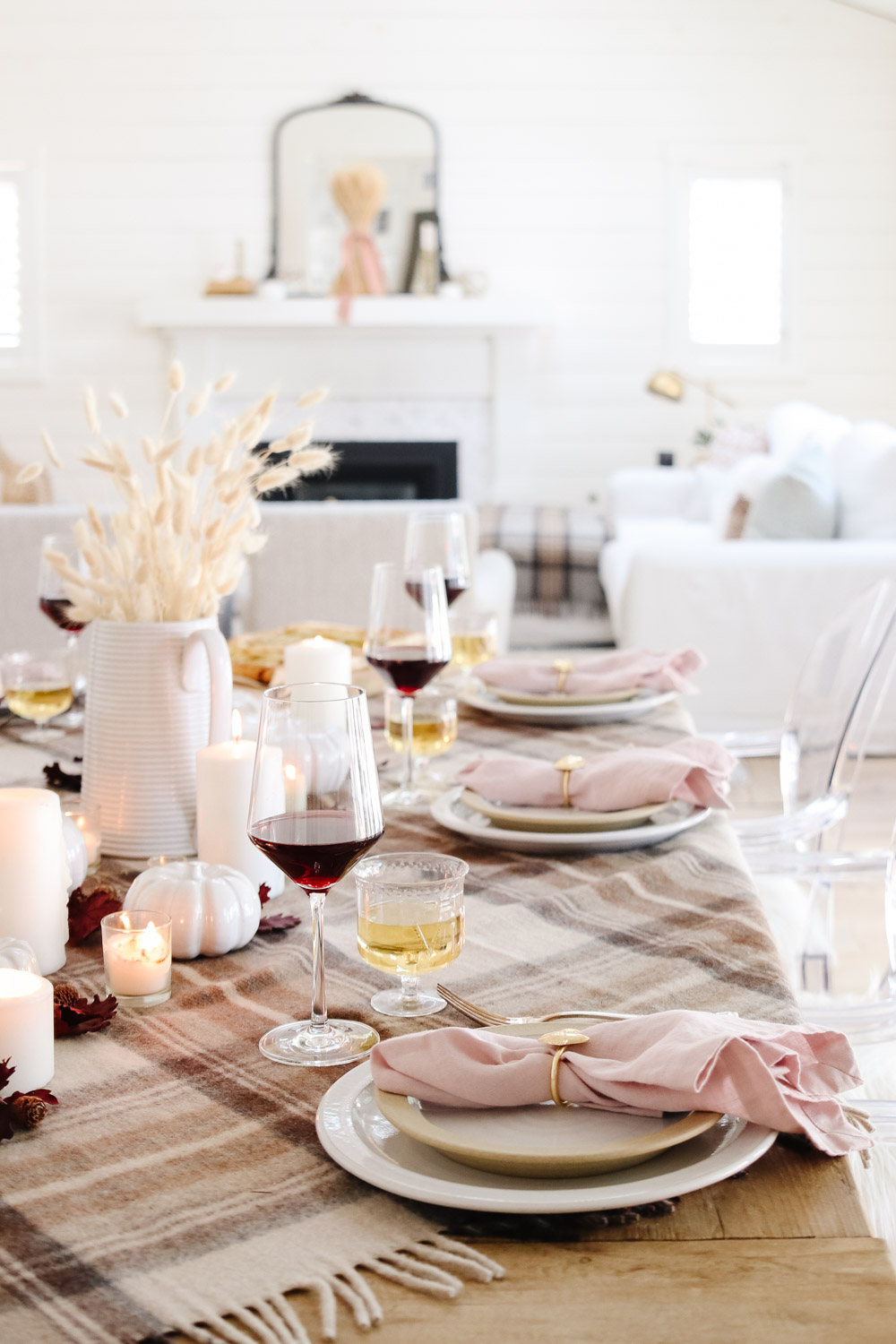 Cozy Fall Tablescape With Pink and Plaid - Modern Glam - Tablescapes