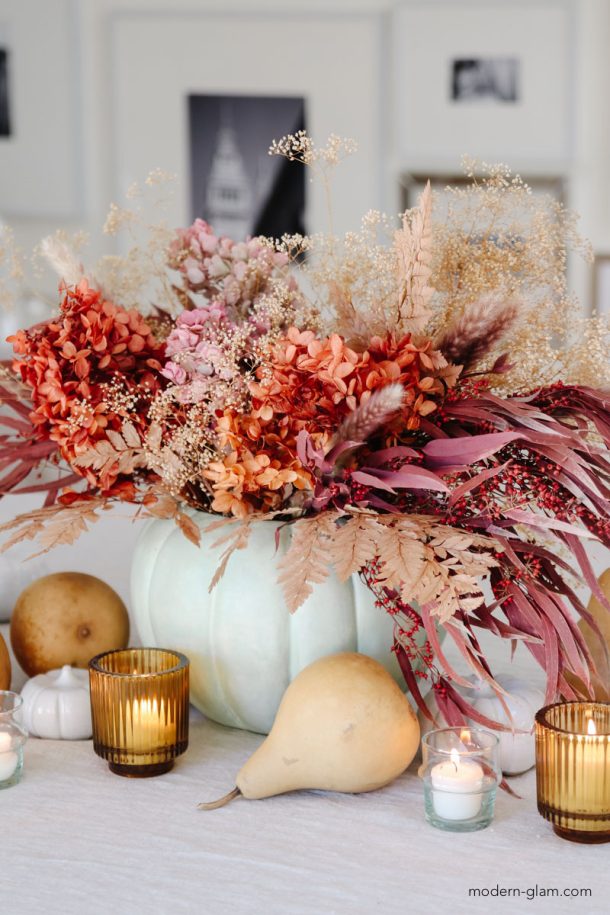 Pumpkin Centerpiece With Dried Flowers - Modern Glam