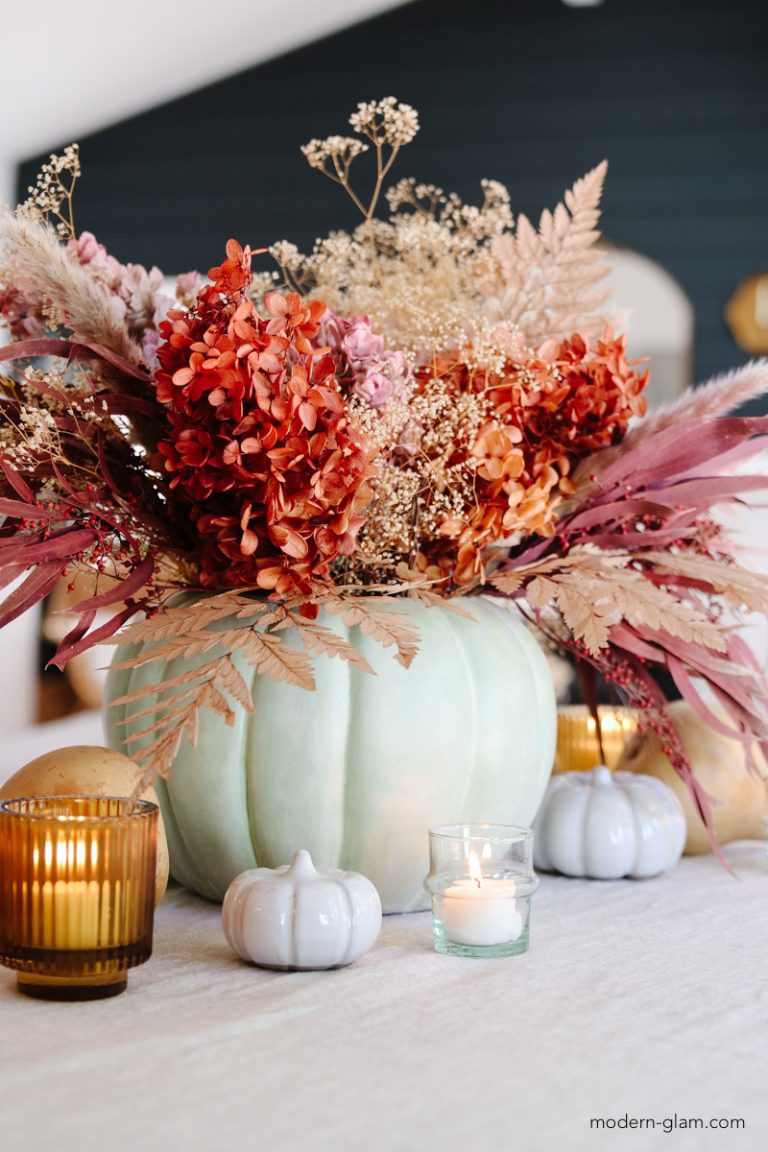 Pumpkin Centerpiece With Dried Flowers - Modern Glam